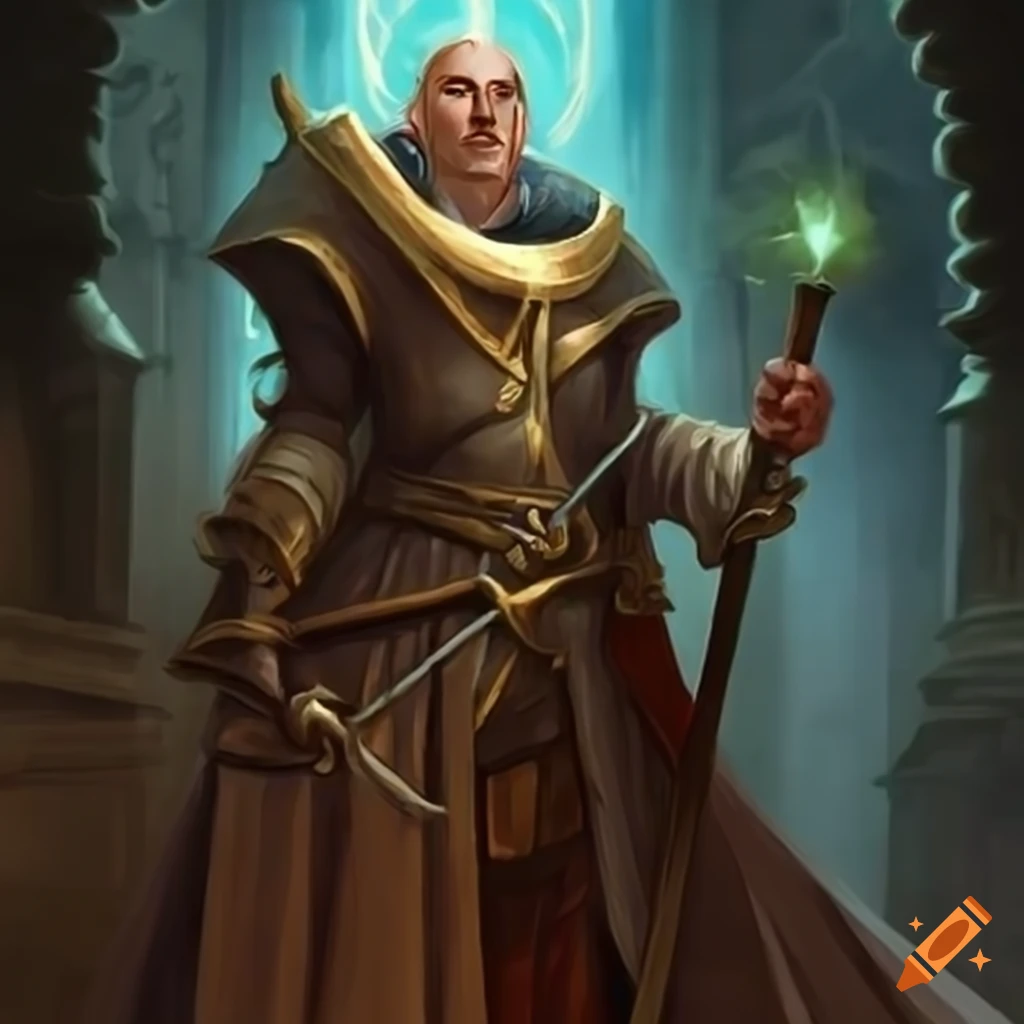 Highly detailed dnd art of a warforged young wizard repairing a clock ...