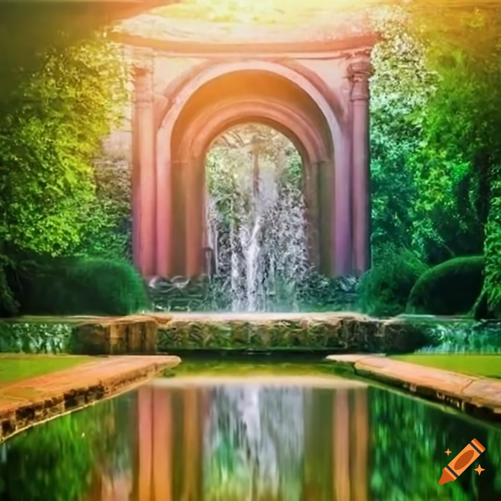 Large white greek temple with thermal pools, mountain, vegetation, and ...