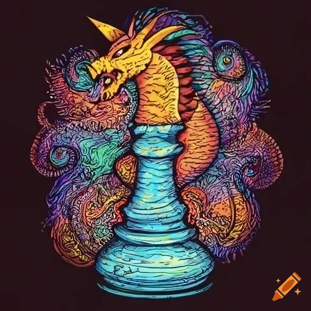 Intricate tarot card with dragons and chess pieces on Craiyon