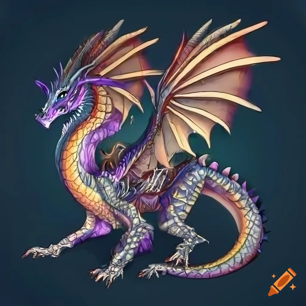 Realistic cute iridescent purple wolf-dragon with aqua wings and wavy ...
