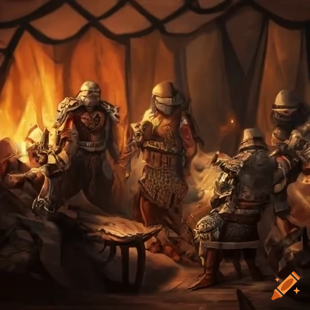Fantasy war council of knights in a tent planning strategy on Craiyon