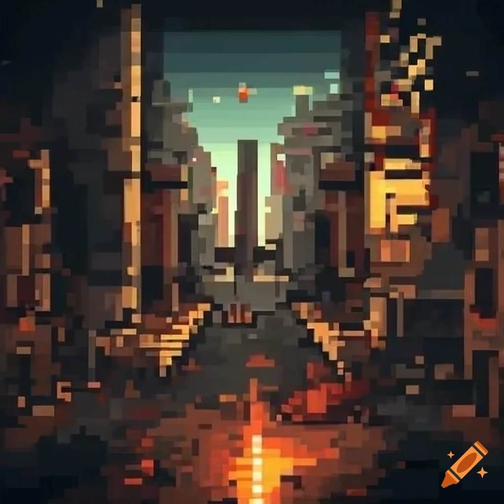 Pixel art of a dark post-apocalyptic city street on Craiyon