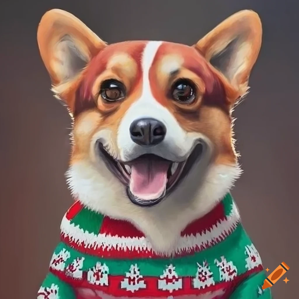 Hyper realistic portrait drawing of a corgi in an ugly christmas ...