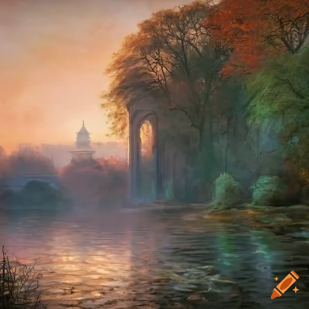 Monet-inspired landscape painting with watercourse and baroque balcony ...