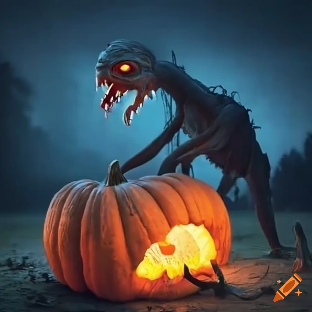 Giant pumpkin monster in a spooky pumpkin patch on Craiyon