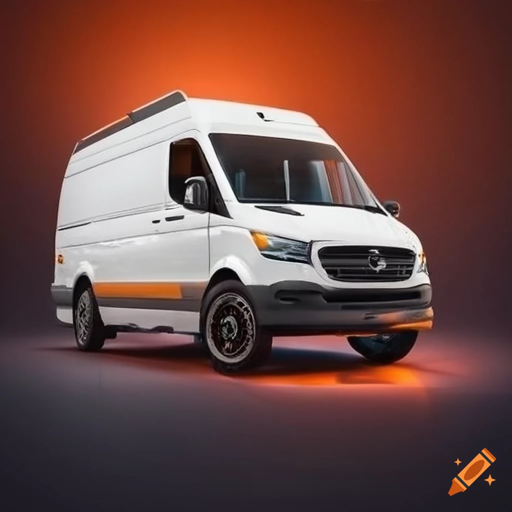 White sprinter van with orange accents on Craiyon