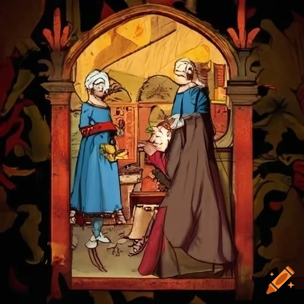 Colorful medieval collage in comic art style