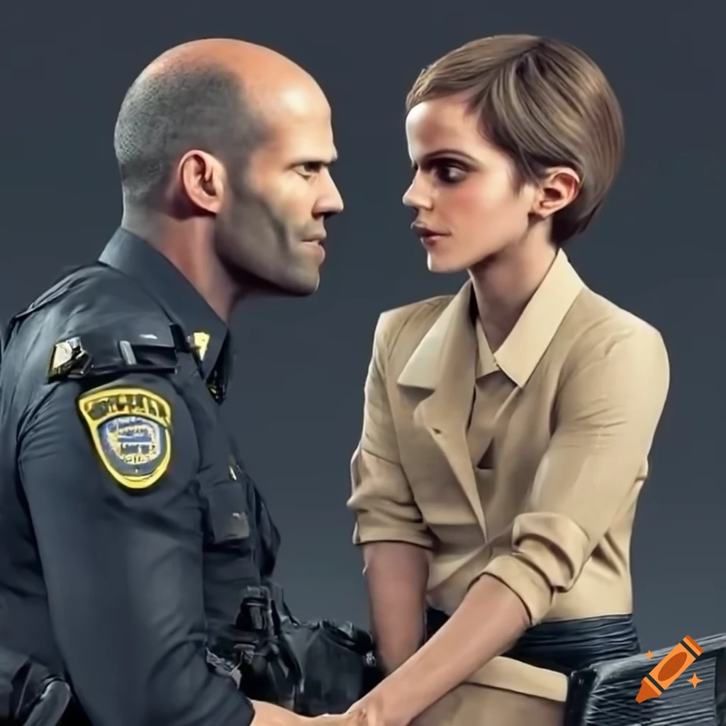 Photo of police officers stacey dooley and jason statham hugging on Craiyon