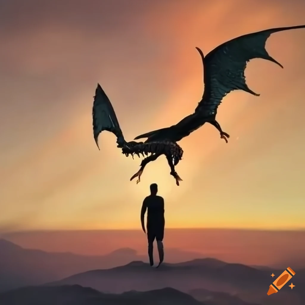 Image of a man riding a black dragon at sunset on Craiyon
