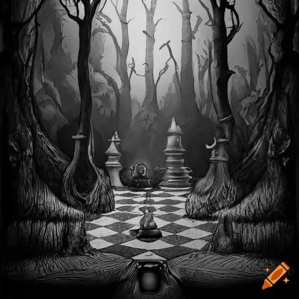 Detailed black and white forest drawing with Gothic chessboard pattern ...
