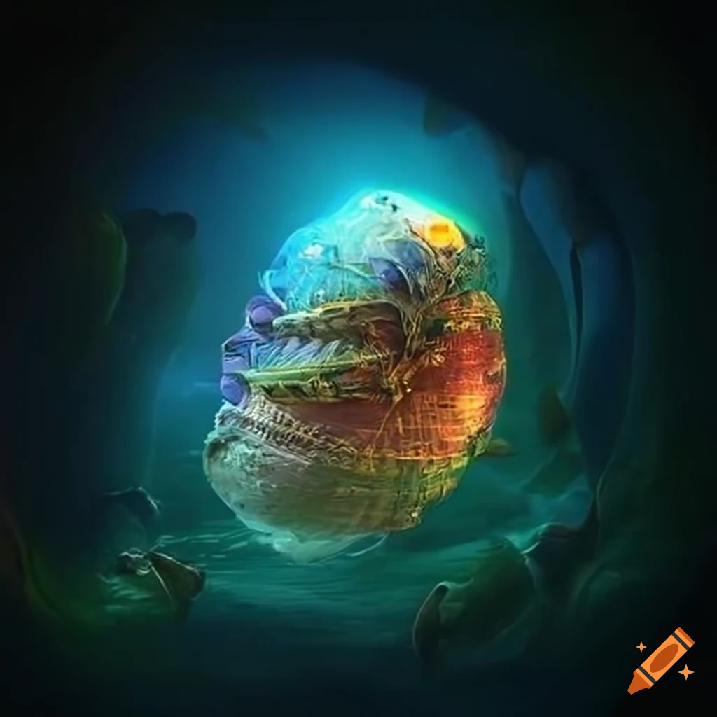 Vibrant and colorful landscape of an organic ship surrounded by wide ...