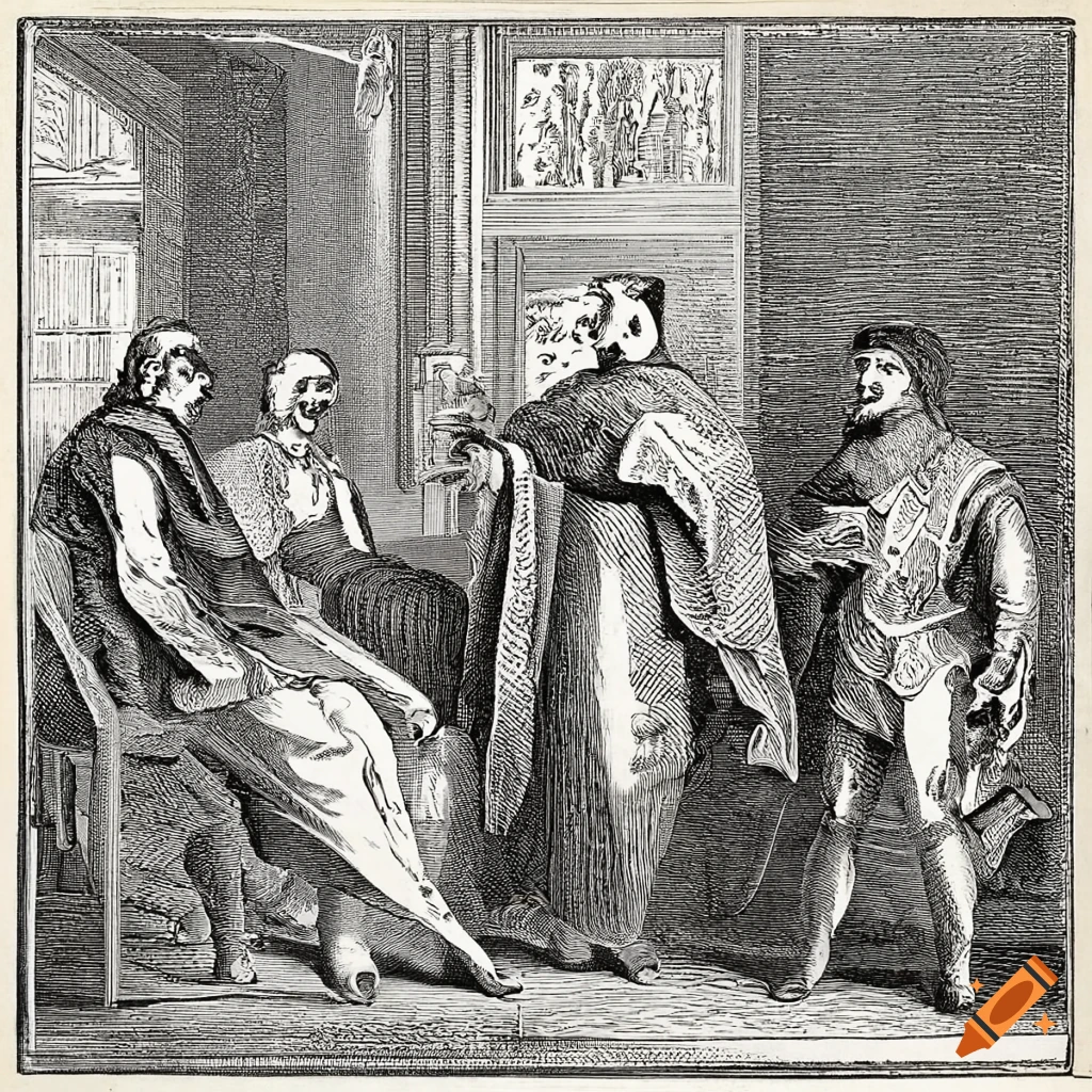 Dynamic full body engraving of a noble knight in plate armor standing ...