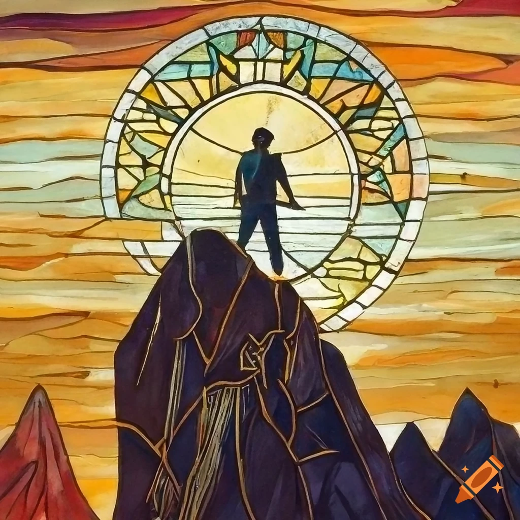 Stained glass illustration of a man on a mountain on Craiyon
