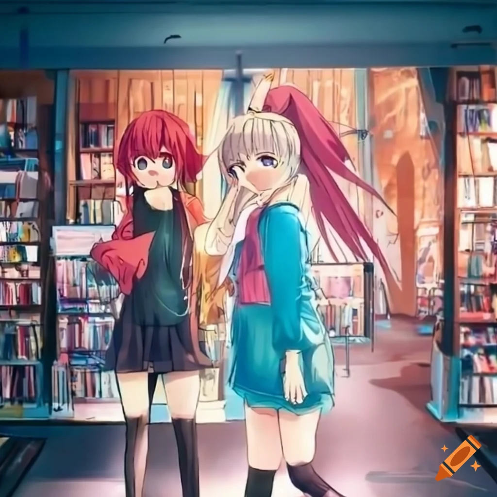 Anime girls standing in front of a bookstore window on a rainy day on ...