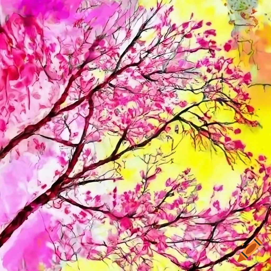 Nail art with pink and yellow colors and cherry blossom design on Craiyon