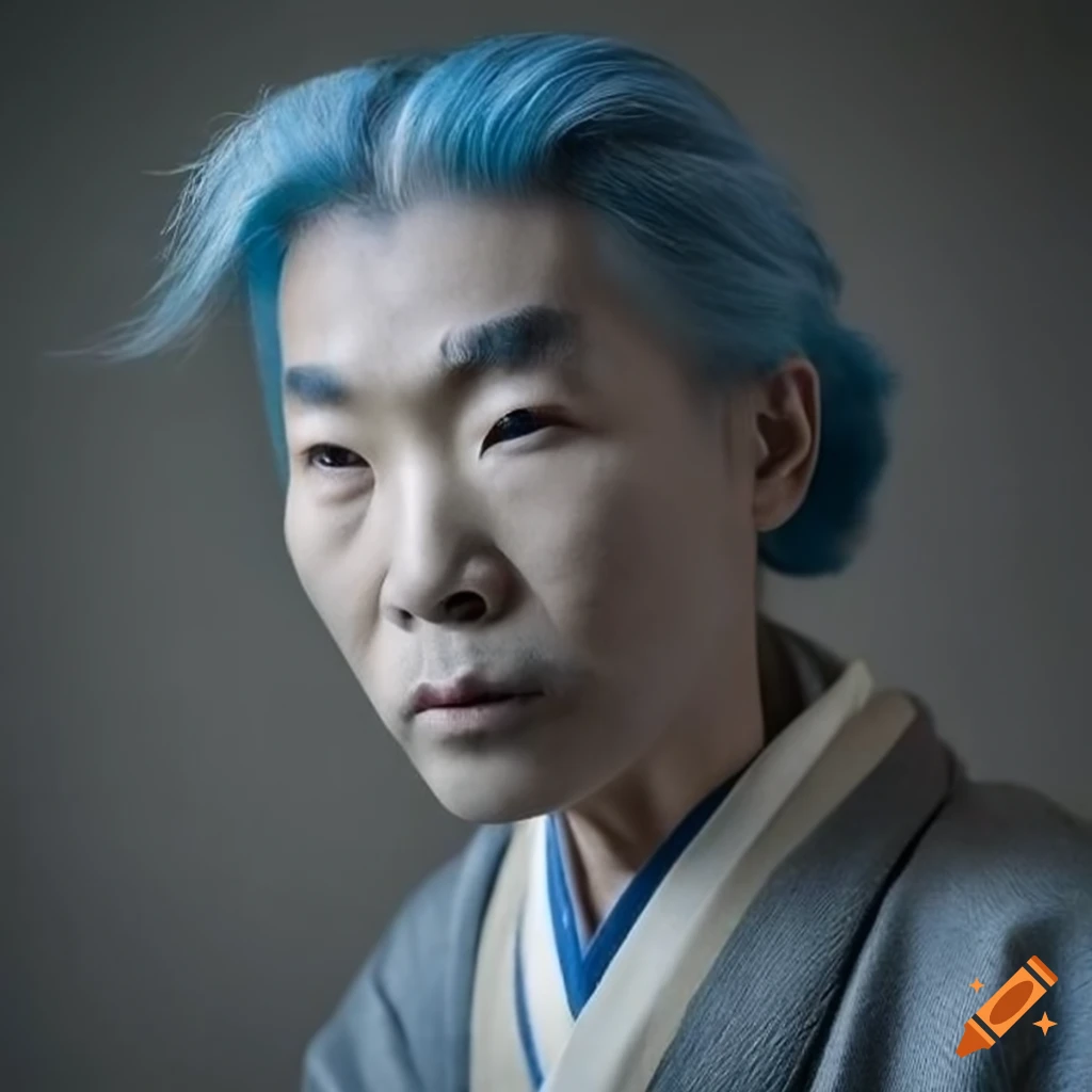 Portrait of a young man with long light blue hair from the Edo Era on ...