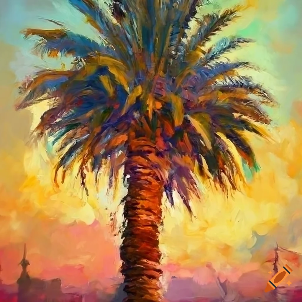 Impressionist painting of a tall moroccan palm tree