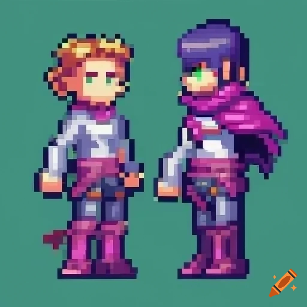 Pixel art of a heroic character in dramatic pose on Craiyon