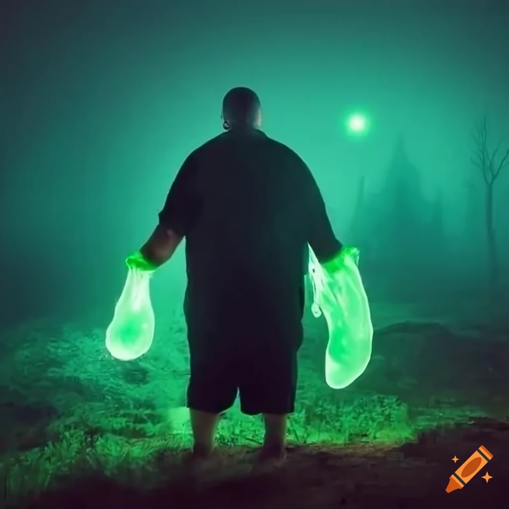 Man in black clothing surrounded by green slime on Craiyon