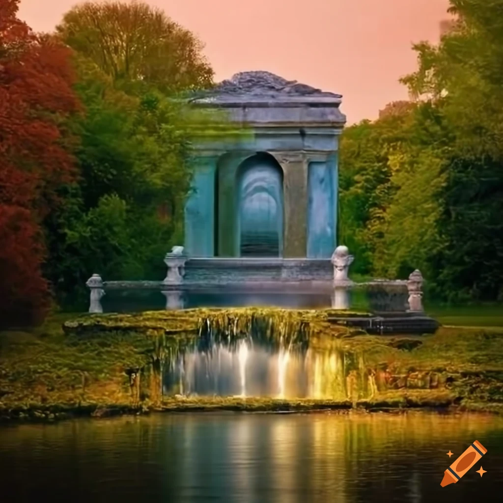 Baroque landscape painting with watercourse and stone fountains on Craiyon