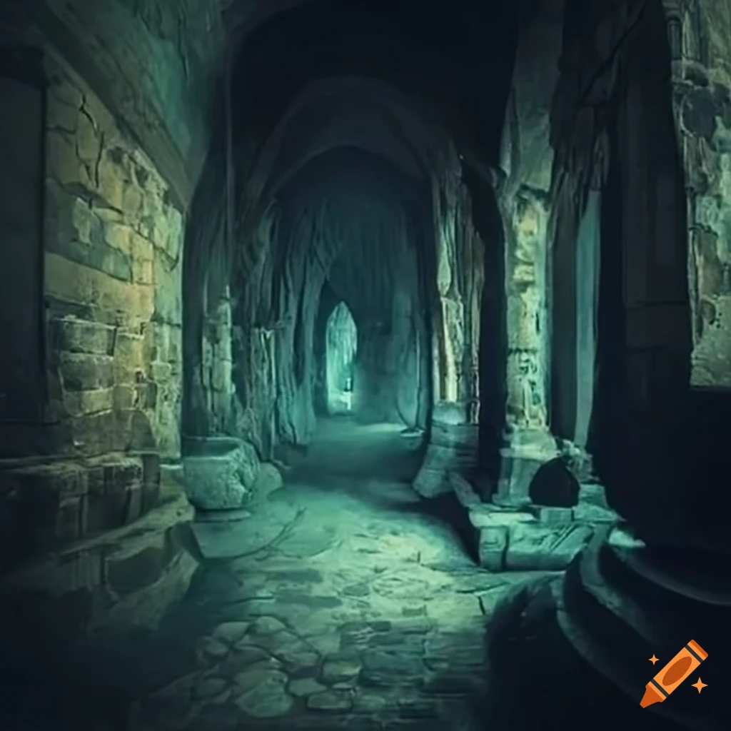 Image of an underground crypt with ancient coffins