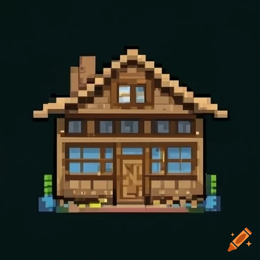 Front view of a pixel art wooden house on Craiyon
