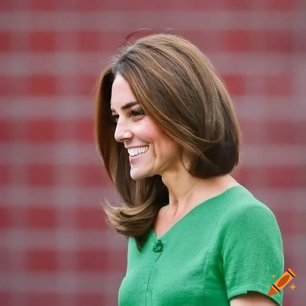 Kate middleton with straight bob haircut and green t-shirt