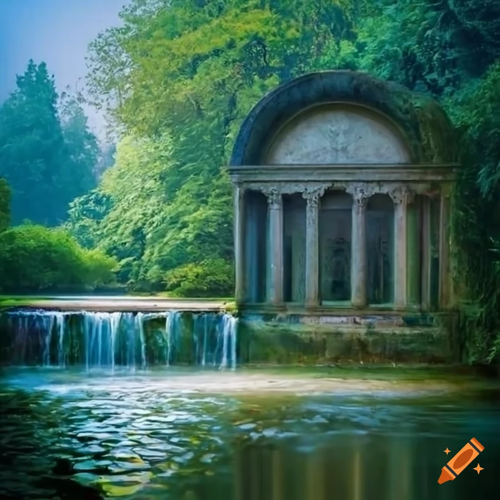 Large white greek temple with thermal pools, mountain, vegetation, and ...