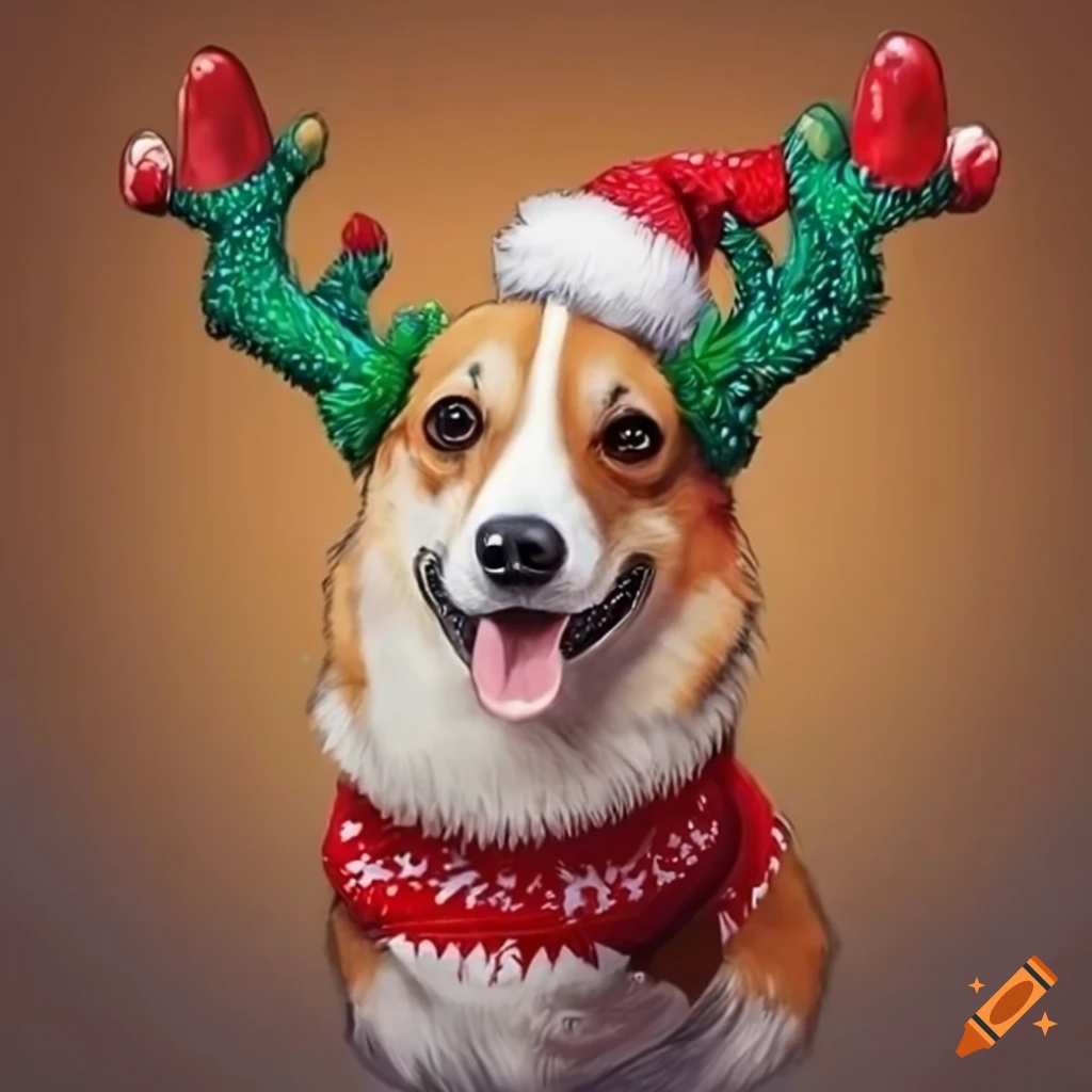 Hyper realistic drawing of a corgi in Christmas attire on Craiyon