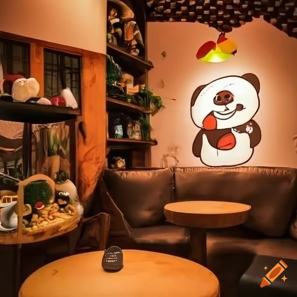 Cozy panda-themed cafe interior on Craiyon