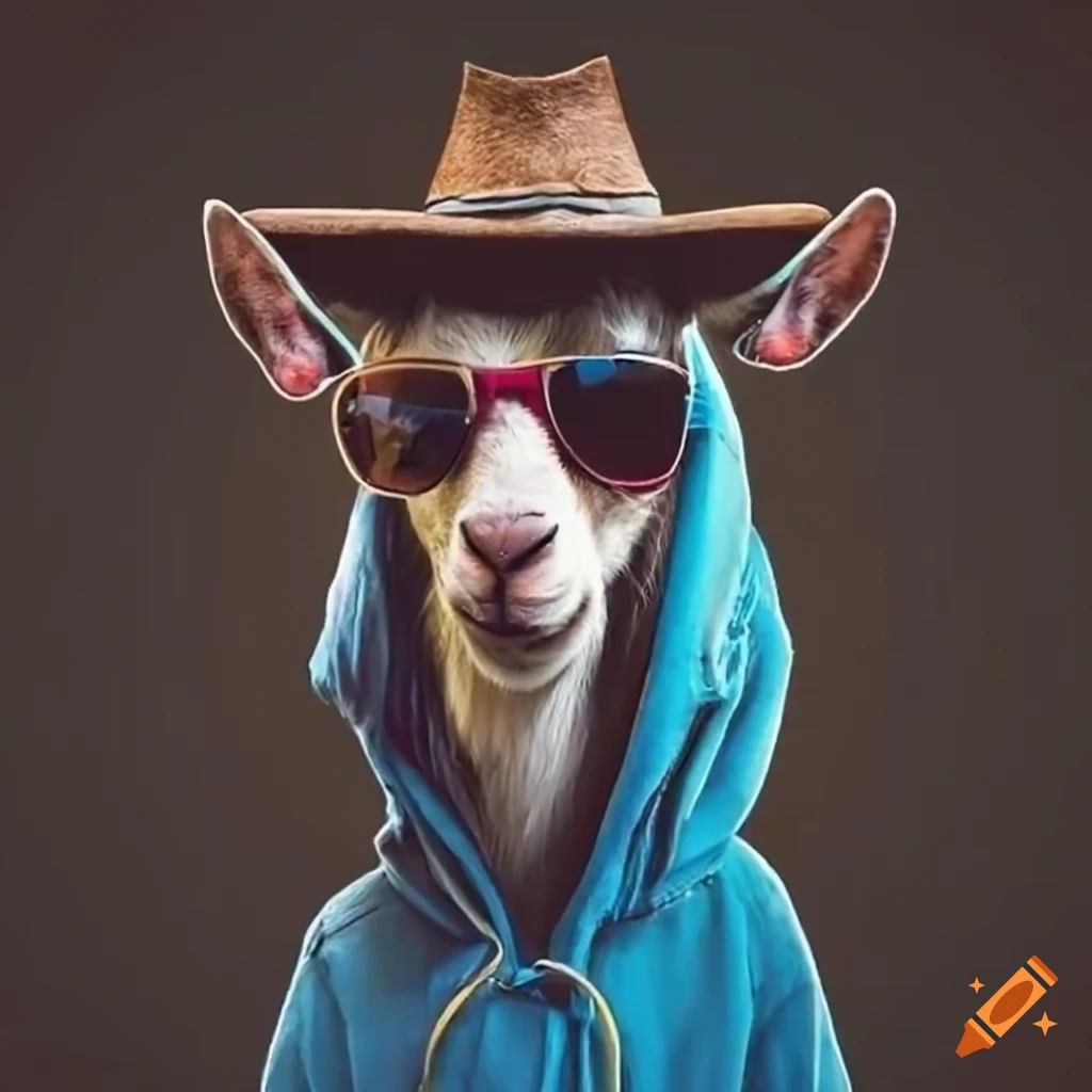 Crazy goat wearing sunglasses, hoodie, and cowboy hat on Craiyon