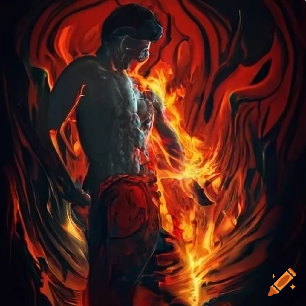 Dark abstract art of a flaming fighter