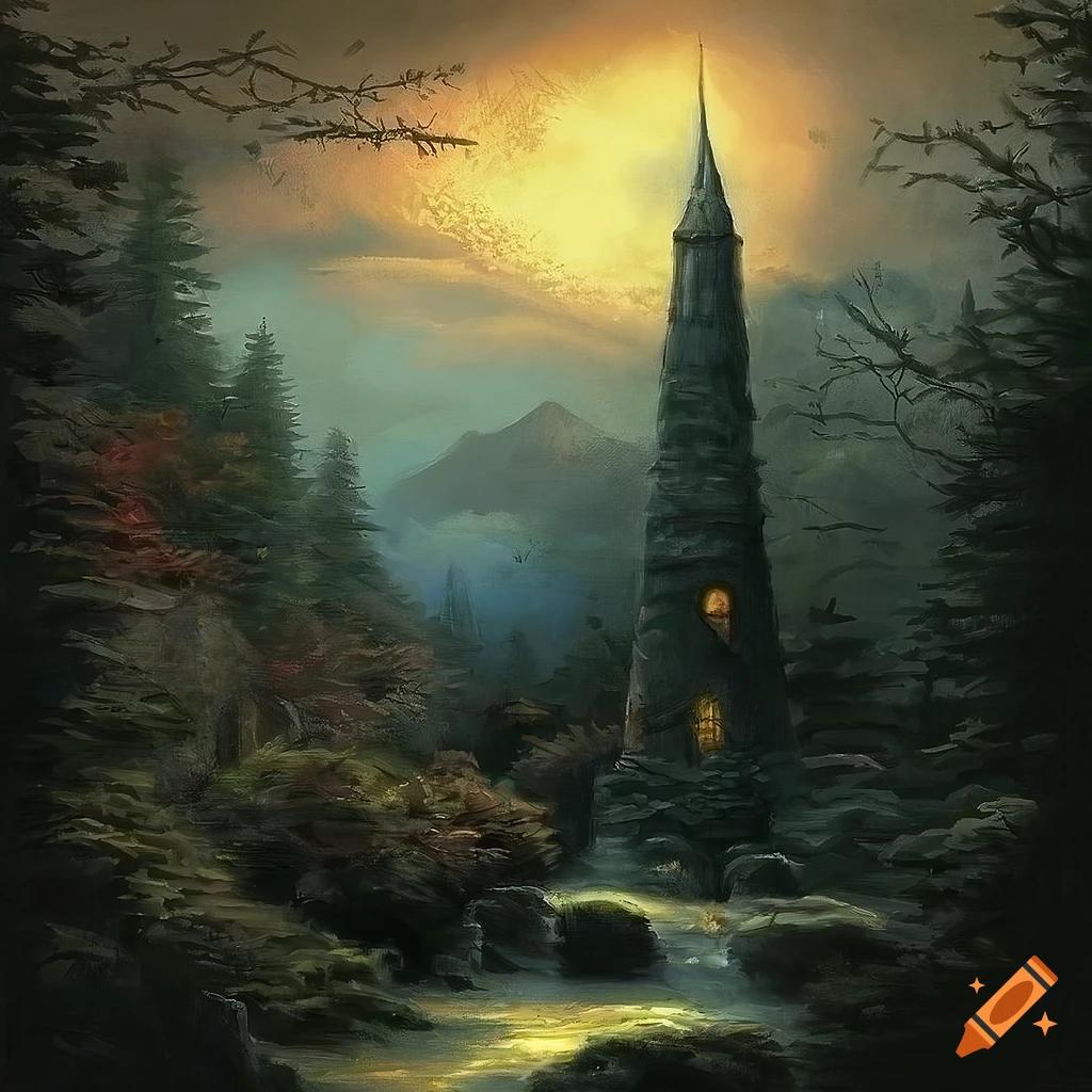 Painting of a wizard's tower in a mountain landscape on Craiyon