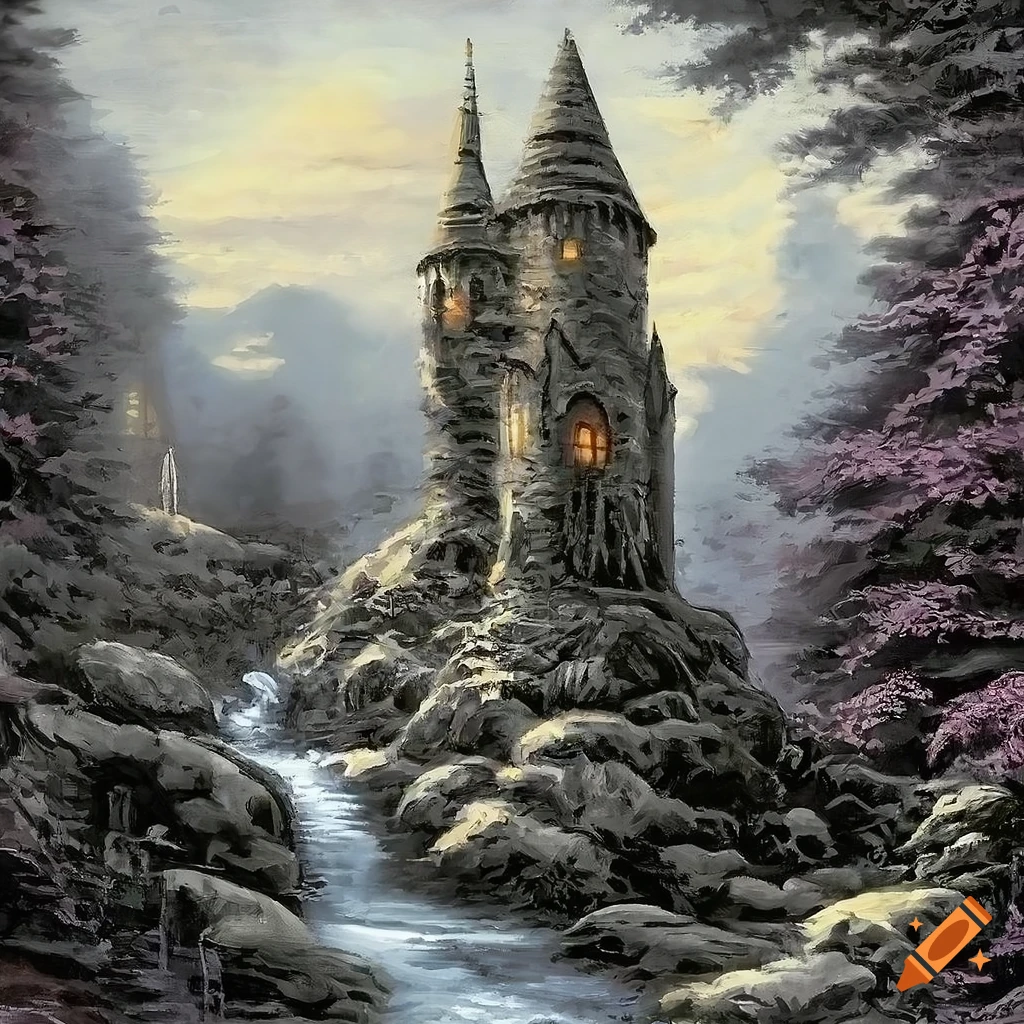 Painting of a dark wizard's tower in a mountain landscape on Craiyon
