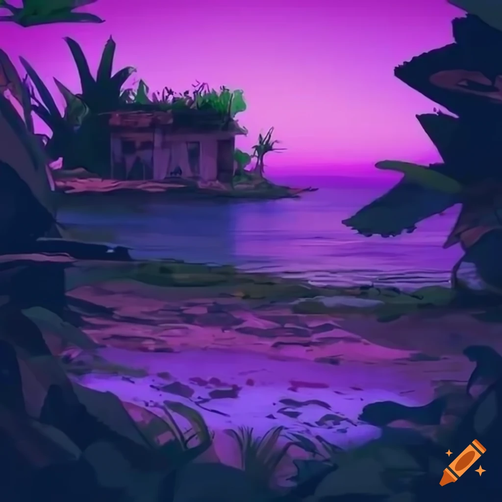 Purple lofi beach with overgrown vegetation on Craiyon