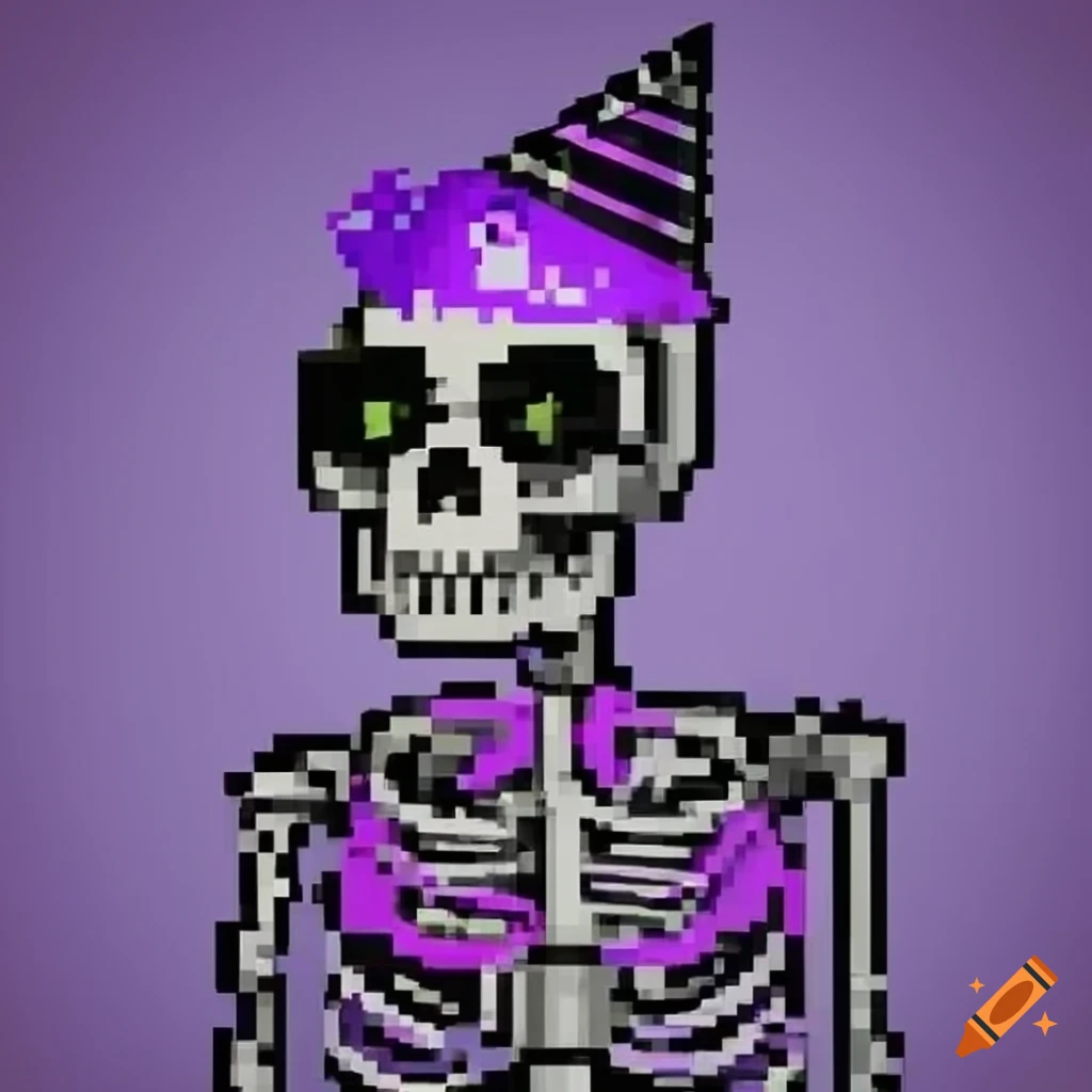 Pixel art of a colorful skeleton in a birthday hat on Craiyon