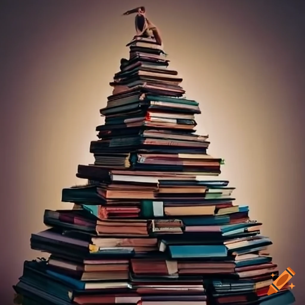 Artistic representation of a man on a book pyramid reaching for a star ...