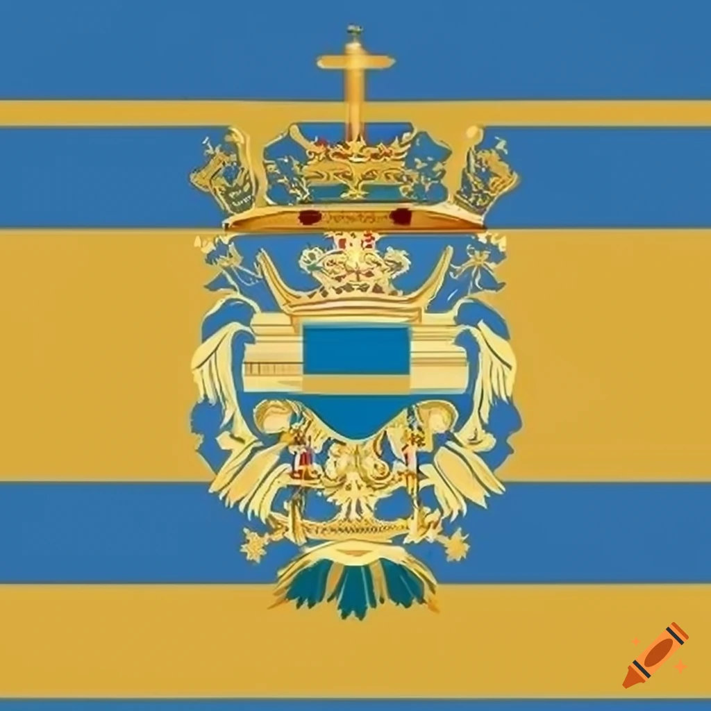 Elegant blue and golden striped flag with a stylized coat of arms on ...