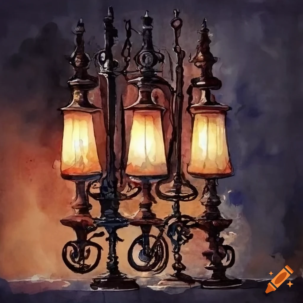 Watercolor painting of lamps in a dark setting on Craiyon