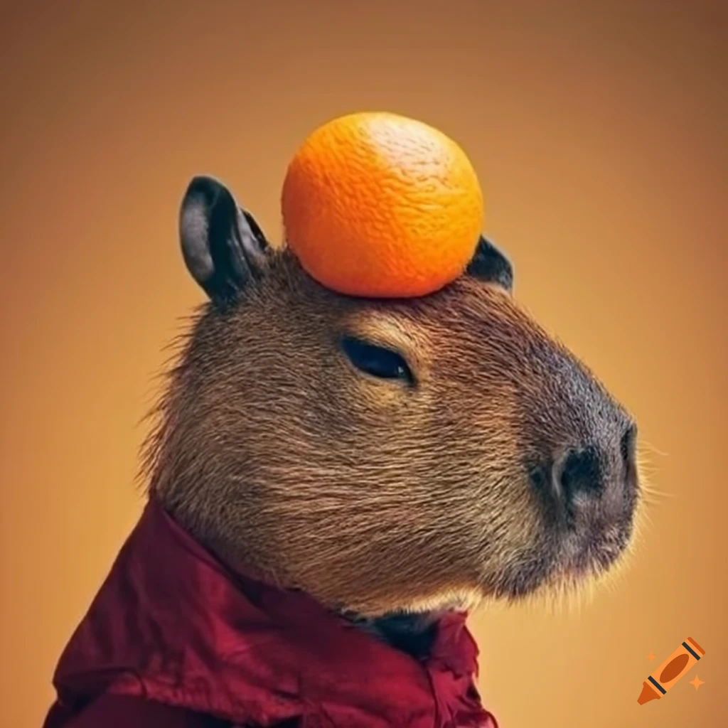 Capybara wearing a suit with an orange on its head on Craiyon