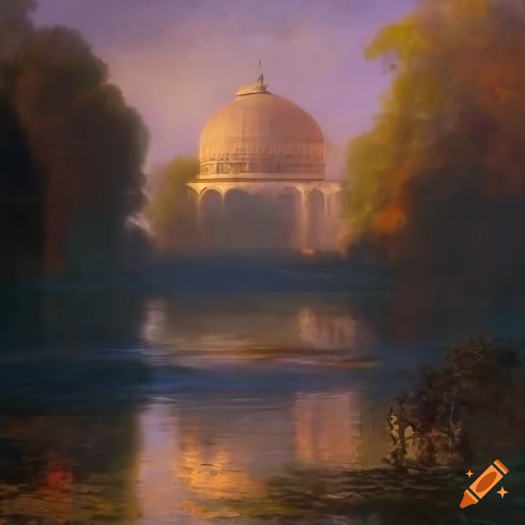 Monet-inspired landscape painting with a watercourse and baroque ...