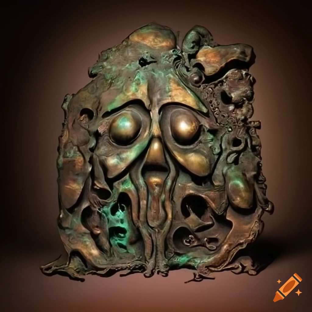 Bronze artifact on an elder table with lovecraft-style artwork
