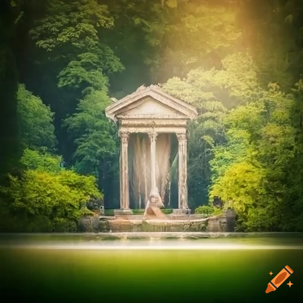 Large white greek temple with thermal pools, mountain, vegetation, and ...