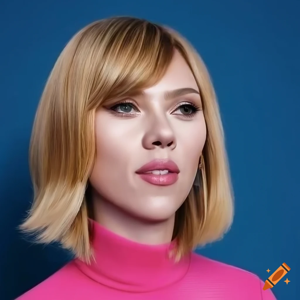 Scarlett johansson with a straight bob haircut and pink turtleneck
