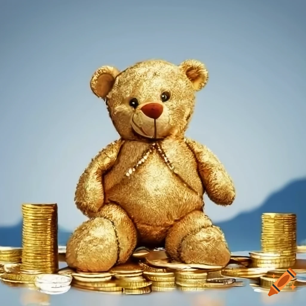 Plushie moose with a pile of gold coins on Craiyon