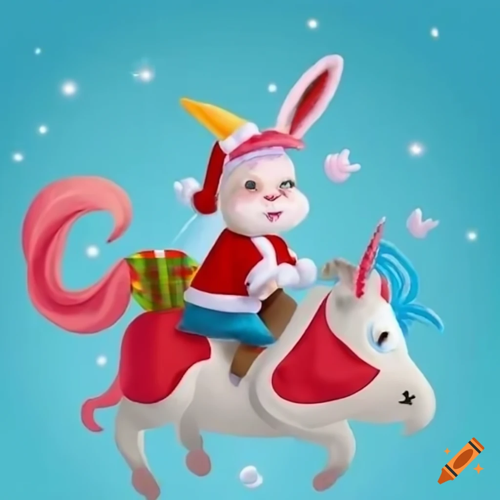 Illustration of Easter Bunny riding a unicorn in Santa Claus costume on ...