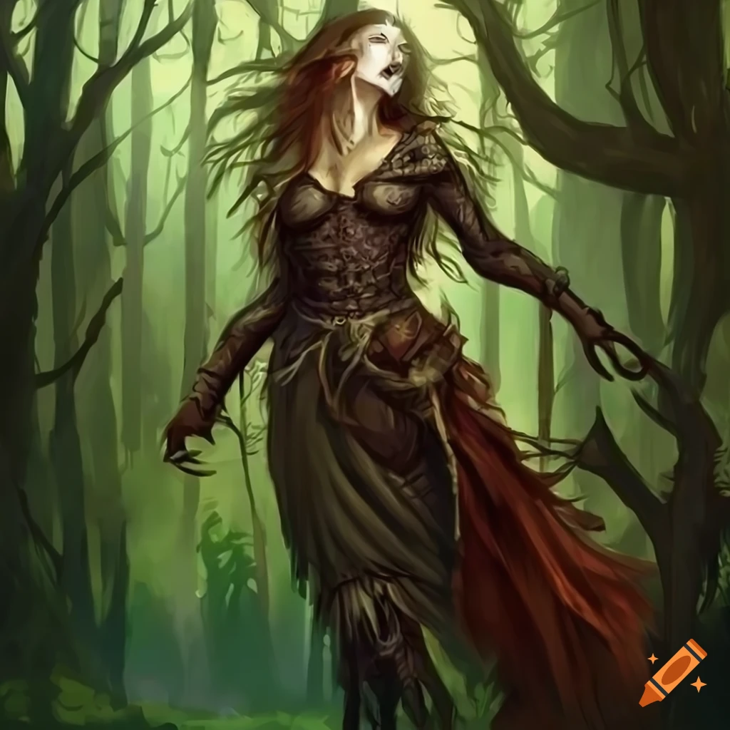 Fantasy art of a beautiful hobgoblin witch in the woods on Craiyon