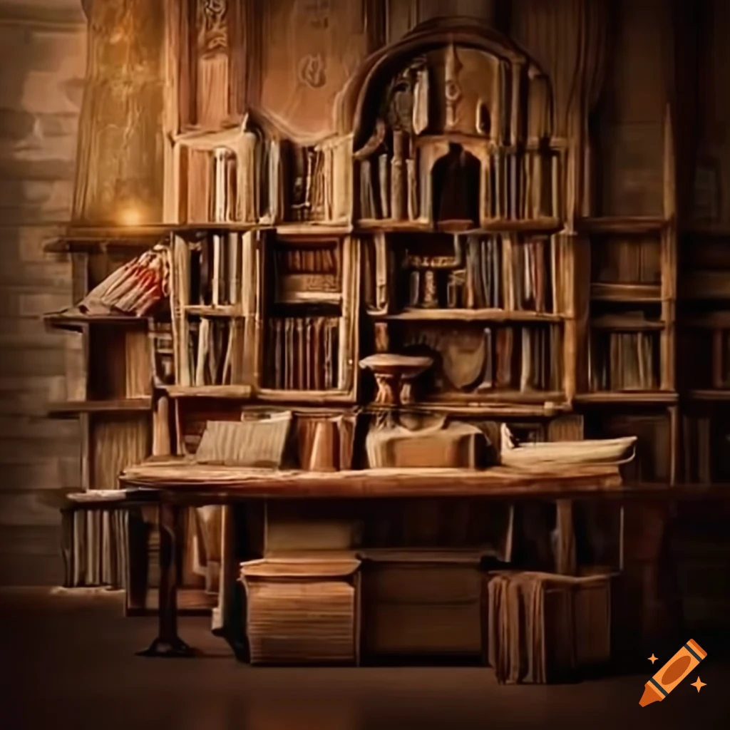 Image of an ancient magical study with books and artifacts on Craiyon
