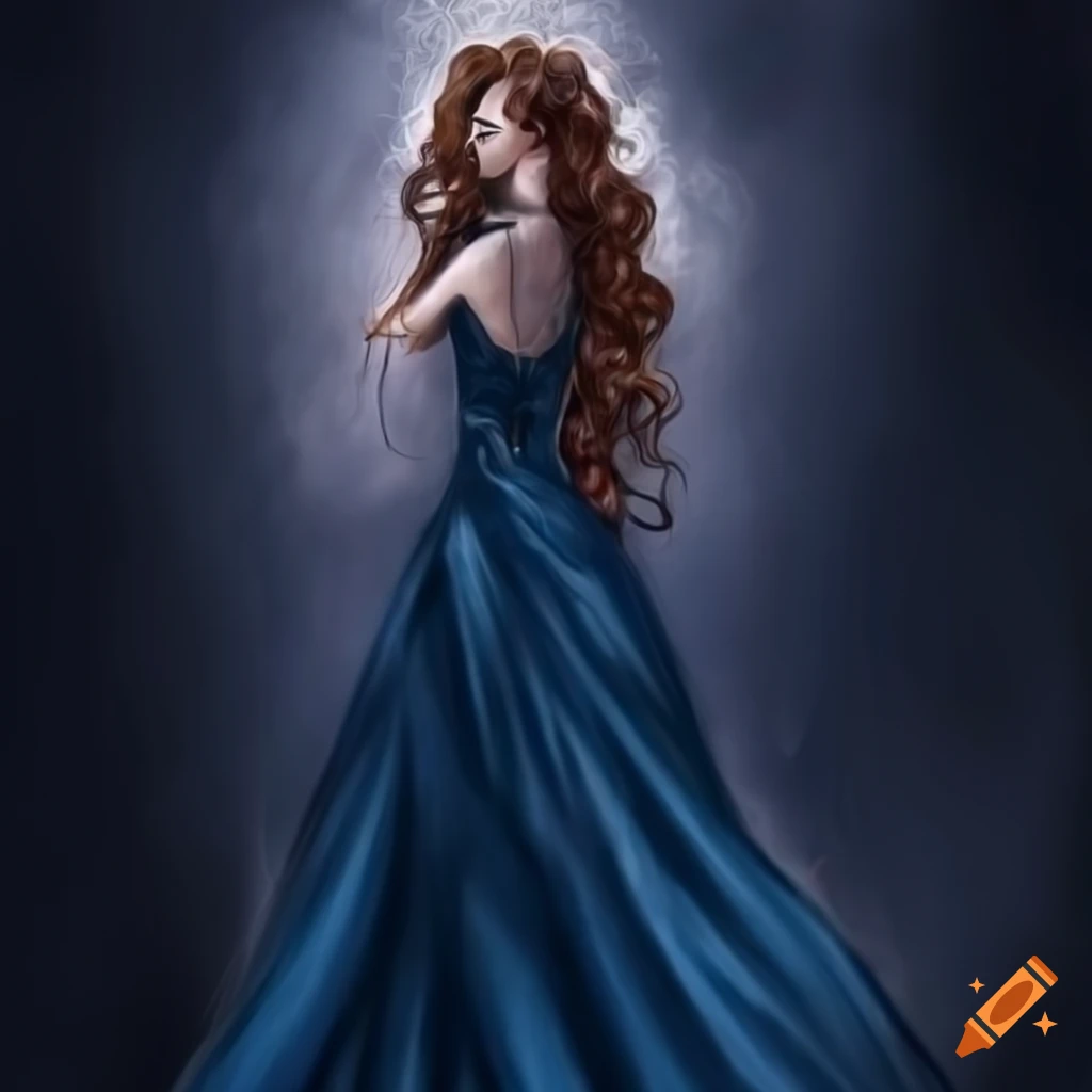 Realistic portrait of a princess with dark blue dress and black wings ...