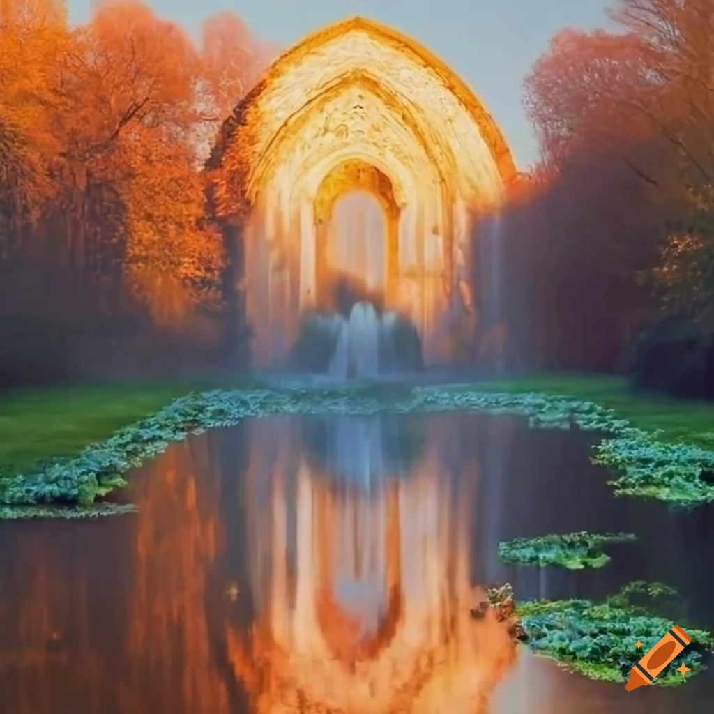 Baroque landscape painting with a fountain and trees on Craiyon